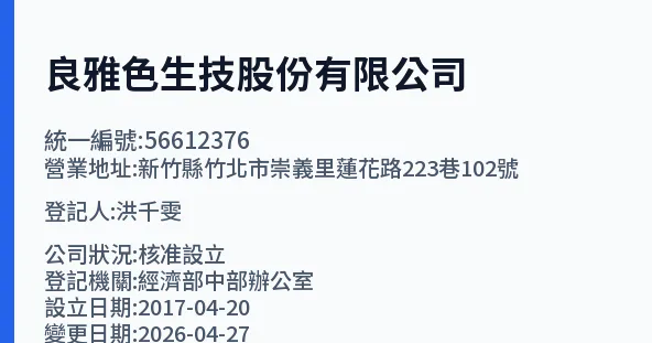 良雅色生技股份有限公司的照片-統編 56612376(新竹縣) 公司登記資料與營業項目詳細圖表