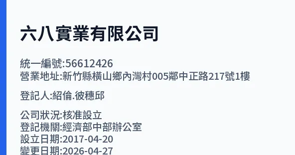 六八實業有限公司的照片-統編 56612426(新竹縣) 公司登記資料與營業項目詳細圖表