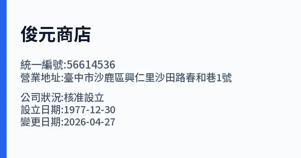俊元商店的照片-統編 56614536(臺中市) 公司登記資料與營業項目詳細圖表