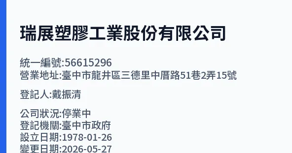 瑞展塑膠工業股份有限公司的照片-統編 56615296(臺中市) 公司登記資料與營業項目詳細圖表