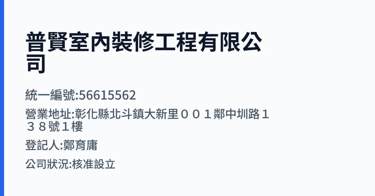 普賢室內裝修工程有限公司 - 統編 56615562(彰化縣) 公司登記資料與營業項目詳細圖表