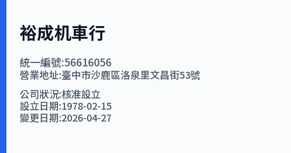 裕成机車行的照片-統編 56616056(臺中市) 公司登記資料與營業項目詳細圖表