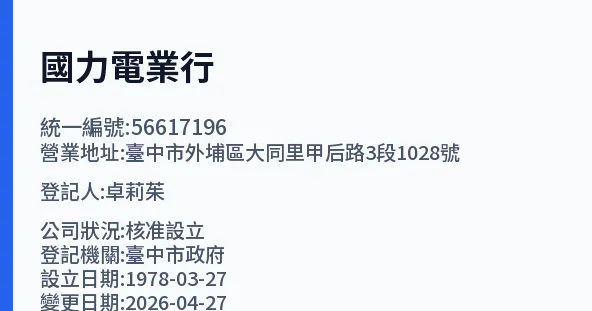 國力電業行的照片-統編 56617196(臺中市) 公司登記資料與營業項目詳細圖表
