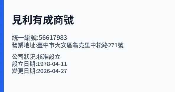 見利有成商號的照片-統編 56617983(臺中市) 公司登記資料與營業項目詳細圖表