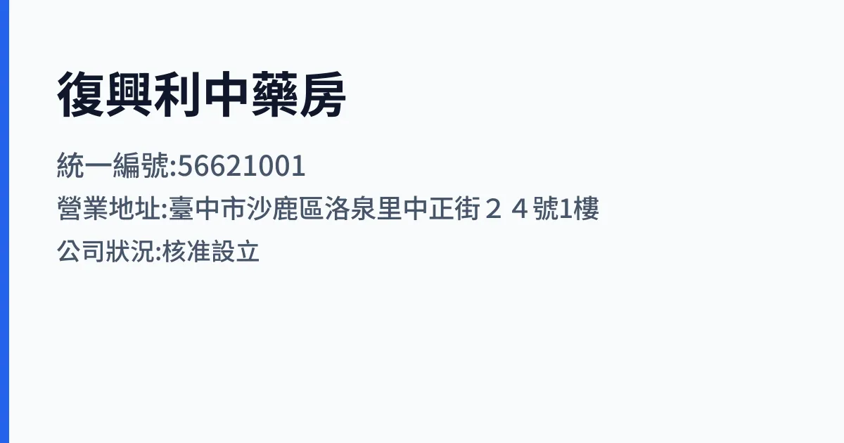 復興利中藥房 - 統編 56621001(臺中市) 公司登記資料與營業項目詳細圖表