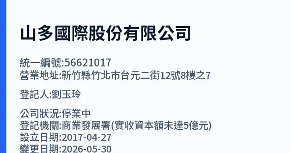 山多國際股份有限公司的照片-統編 56621017(新竹縣) 公司登記資料與營業項目詳細圖表