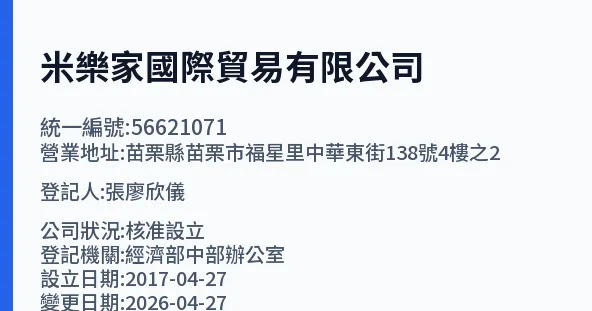 米樂家國際貿易有限公司的照片-統編 56621071(苗栗縣) 公司登記資料與營業項目詳細圖表