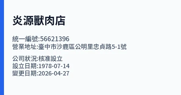 炎源獸肉店的照片-統編 56621396(臺中市) 公司登記資料與營業項目詳細圖表