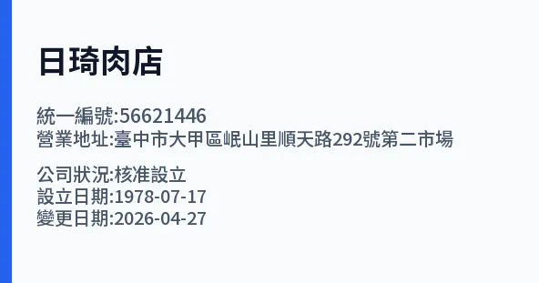 日琦肉店的照片-統編 56621446(臺中市) 公司登記資料與營業項目詳細圖表