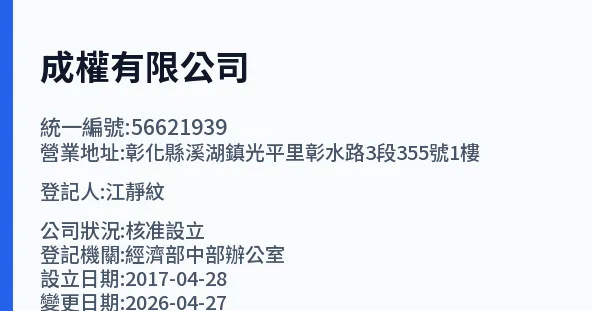 成權有限公司的照片-統編 56621939(彰化縣) 公司登記資料與營業項目詳細圖表