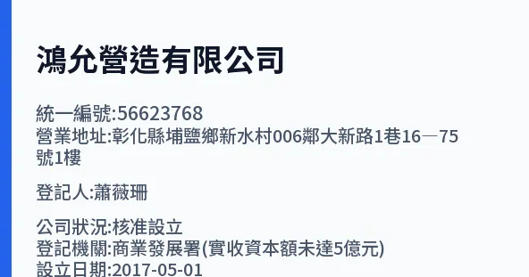 鴻允營造有限公司的照片-統編 56623768(彰化縣) 公司登記資料與營業項目詳細圖表