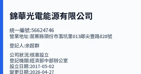 錦華光電能源有限公司的照片-統編 56624746(苗栗縣) 公司登記資料與營業項目詳細圖表