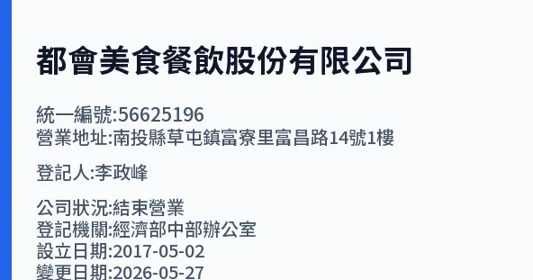 都會美食餐飲股份有限公司的照片-統編 56625196(南投縣) 公司登記資料與營業項目詳細圖表