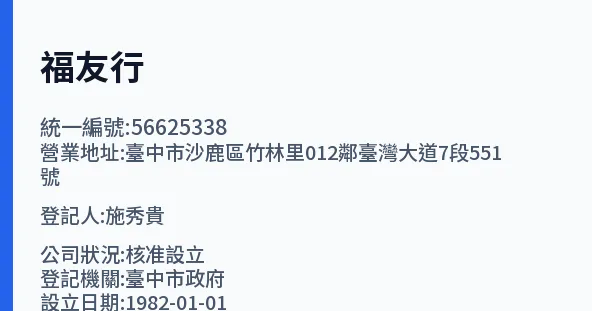 福友行的照片-統編 56625338(臺中市) 公司登記資料與營業項目詳細圖表