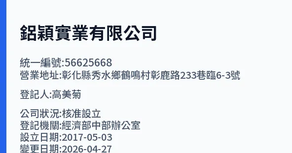 鋁穎實業有限公司的照片-統編 56625668(彰化縣) 公司登記資料與營業項目詳細圖表