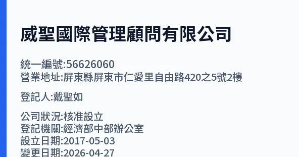威聖國際管理顧問有限公司的照片-統編 56626060(屏東縣) 公司登記資料與營業項目詳細圖表