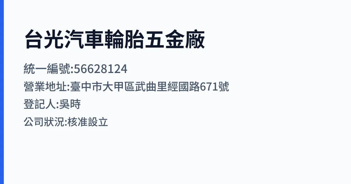 台光汽車輪胎五金廠 - 統編 56628124(臺中市) 公司登記資料與營業項目詳細圖表