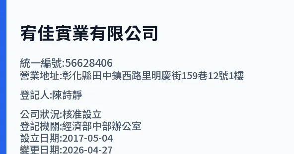 宥佳實業有限公司的照片-統編 56628406(彰化縣) 公司登記資料與營業項目詳細圖表