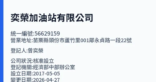 奕榮加油站有限公司的照片-統編 56629159(苗栗縣) 公司登記資料與營業項目詳細圖表