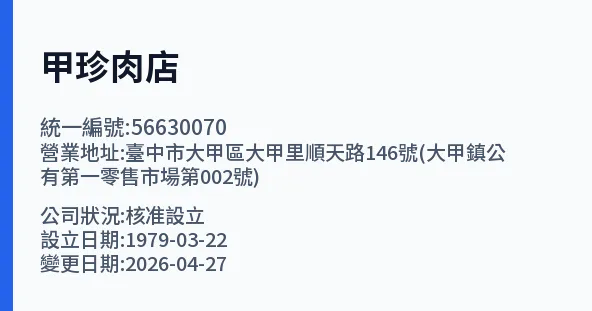 甲珍肉店的照片-統編 56630070(臺中市) 公司登記資料與營業項目詳細圖表