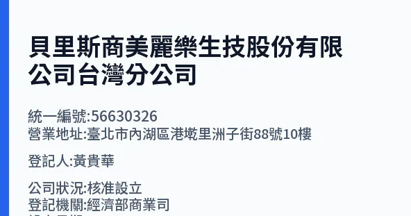 貝里斯商美麗樂生技股份有限公司台灣分公司的照片-統編 56630326(臺北市) 公司登記資料與營業項目詳細圖表