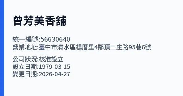 曾芳美香舖的照片-統編 56630640(臺中市) 公司登記資料與營業項目詳細圖表
