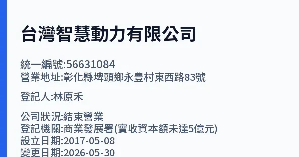 台灣智慧動力有限公司的照片-統編 56631084(彰化縣) 公司登記資料與營業項目詳細圖表