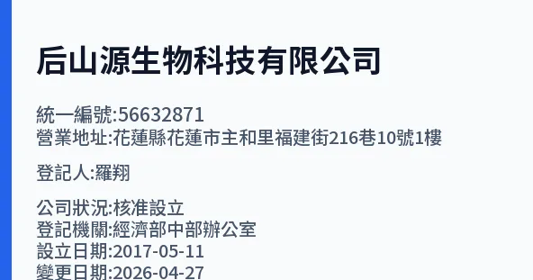 后山源生物科技有限公司的照片-統編 56632871(花蓮縣) 公司登記資料與營業項目詳細圖表