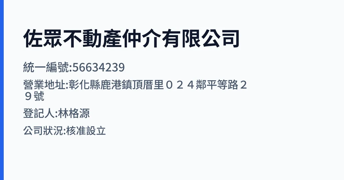佐眾不動產仲介有限公司 - 統編 56634239(彰化縣) 公司登記資料與營業項目詳細圖表