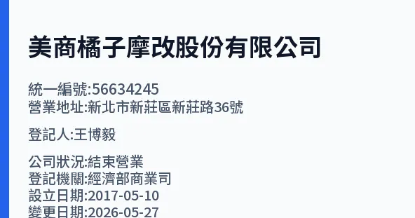 美商橘子摩改股份有限公司的照片-統編 56634245(新北市) 公司登記資料與營業項目詳細圖表
