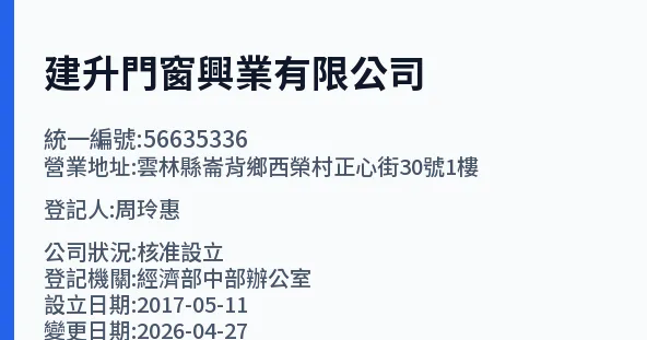建升門窗興業有限公司的照片-統編 56635336(雲林縣) 公司登記資料與營業項目詳細圖表
