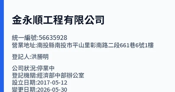 金永順工程有限公司的照片-統編 56635928(南投縣) 公司登記資料與營業項目詳細圖表