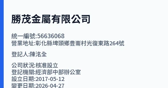 勝茂金屬有限公司的照片-統編 56636068(彰化縣) 公司登記資料與營業項目詳細圖表