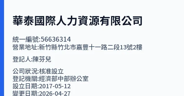 華泰國際人力資源有限公司的照片-統編 56636314(新竹縣) 公司登記資料與營業項目詳細圖表