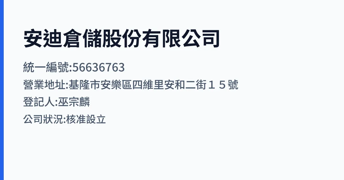 安迪倉儲股份有限公司 - 統編 56636763(基隆市) 公司登記資料與營業項目詳細圖表