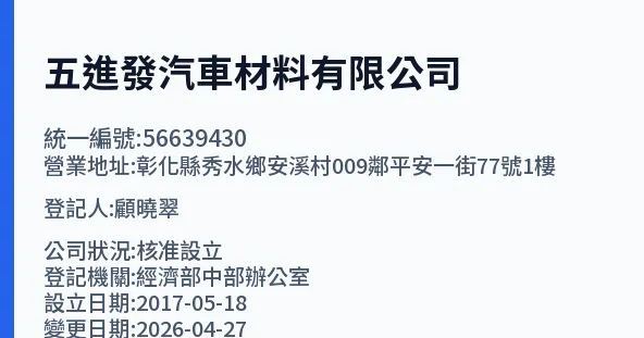 五進發汽車材料有限公司的照片-統編 56639430(彰化縣) 公司登記資料與營業項目詳細圖表