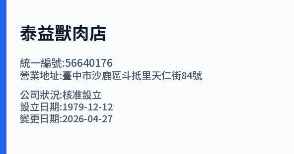 泰益獸肉店的照片-統編 56640176(臺中市) 公司登記資料與營業項目詳細圖表