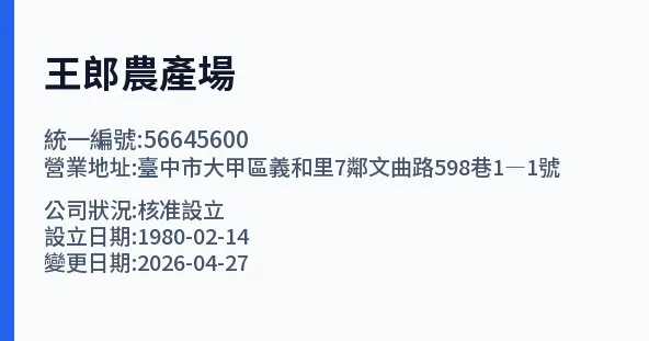 王郎農產場的照片-統編 56645600(臺中市) 公司登記資料與營業項目詳細圖表