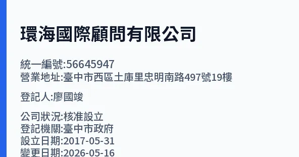 環海國際顧問有限公司的照片-統編 56645947(臺中市) 公司登記資料與營業項目詳細圖表