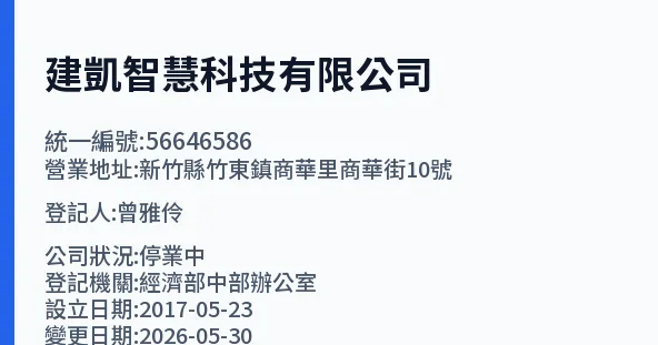 建凱智慧科技有限公司的照片-統編 56646586(新竹縣) 公司登記資料與營業項目詳細圖表