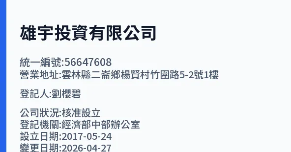 雄宇投資有限公司的照片-統編 56647608(雲林縣) 公司登記資料與營業項目詳細圖表