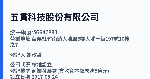 五貫科技股份有限公司的照片-統編 56647831(苗栗縣) 公司登記資料與營業項目詳細圖表