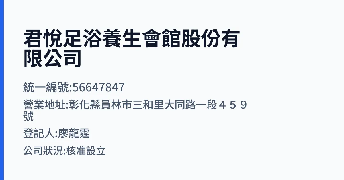 君悅足浴養生會館股份有限公司 - 統編 56647847(彰化縣) 公司登記資料與營業項目詳細圖表
