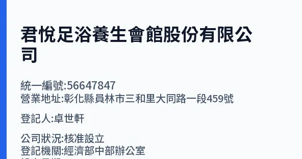 君悅足浴養生會館股份有限公司的照片-統編 56647847(彰化縣) 公司登記資料與營業項目詳細圖表