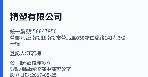 精塑有限公司的照片-統編 56647950(南投縣) 公司登記資料與營業項目詳細圖表