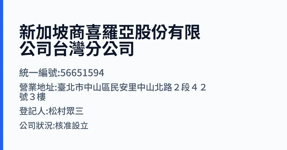 新加坡商喜羅亞股份有限公司台灣分公司 - 統編 56651594(臺北市) 公司登記資料與營業項目詳細圖表