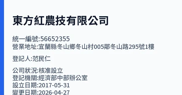 東方紅農技有限公司的照片-統編 56652355(宜蘭縣) 公司登記資料與營業項目詳細圖表