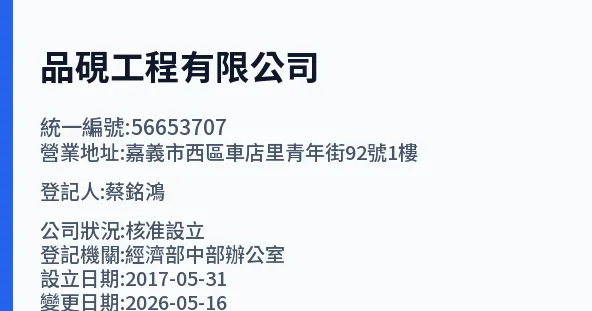 品硯工程有限公司的照片-統編 56653707(嘉義市) 公司登記資料與營業項目詳細圖表