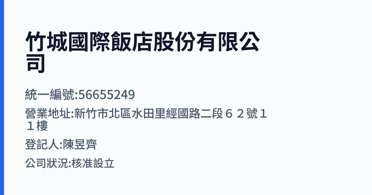 竹城國際飯店股份有限公司 - 統編 56655249(新竹市) 公司登記資料與營業項目詳細圖表
