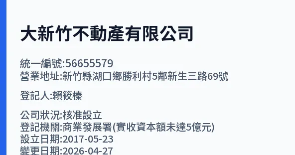 大新竹不動產有限公司的照片-統編 56655579(新竹縣) 公司登記資料與營業項目詳細圖表